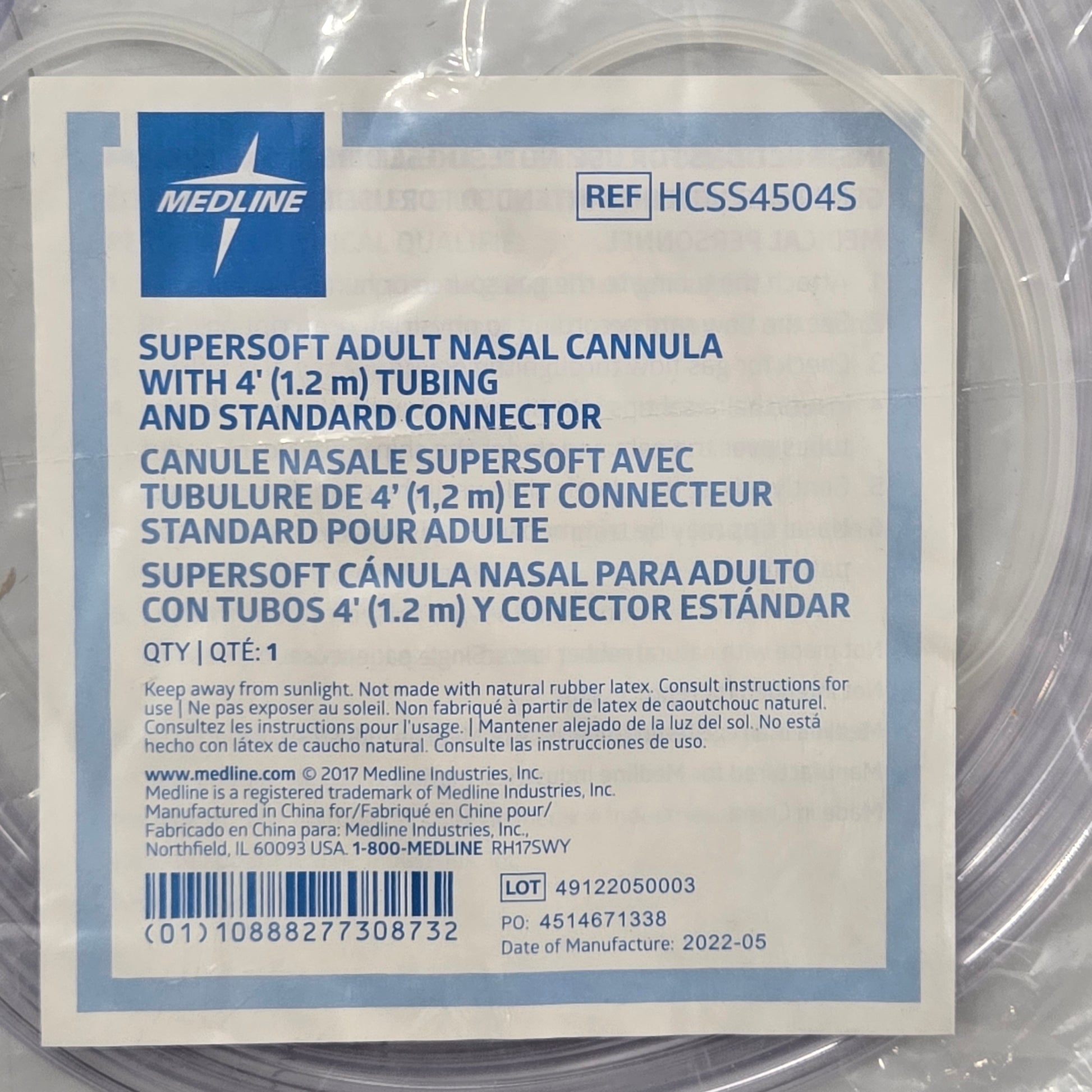 NEW Medline Supersoft Adult Nasal Cannula w/ 4 Ft Tubing HCSS4504S